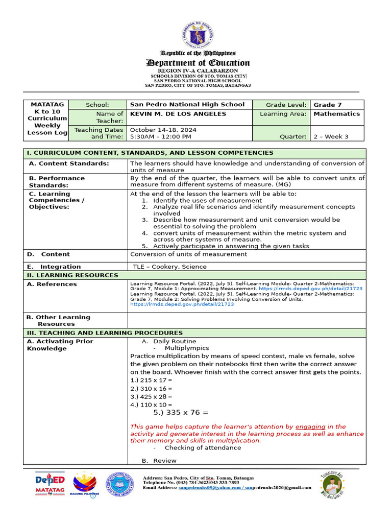 Q2 W3 MATH 7 LESSON EXEMPLAR Oct 14 18 2024 | PDF | Pound (Mass) | Litre