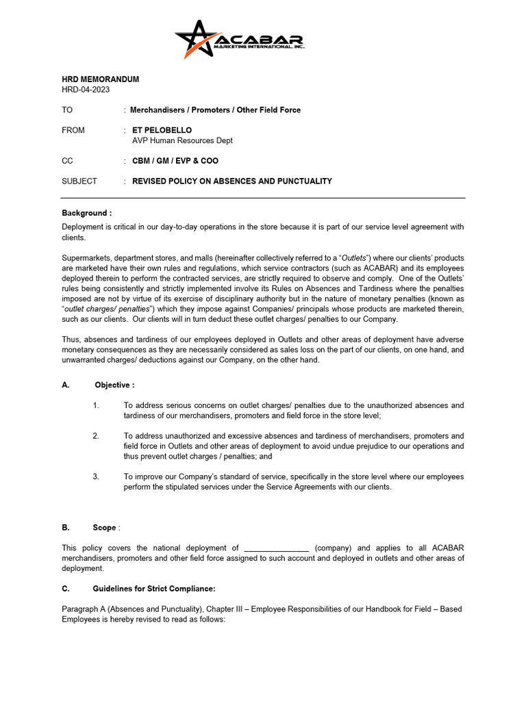 HR Amii Revised Policy On Absences and Punctuality For Field Based ...
