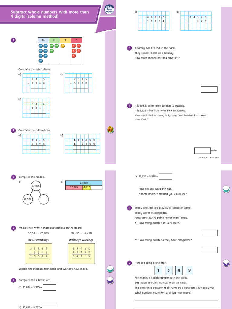 Y5 Autumn Block 2 Wo2 Subtract Whole Numbers With More Than 4 Digits Column Method 2019 | PDF ...