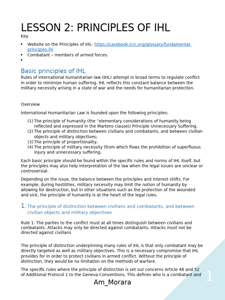Lesson 2 - Principle of Ihl | PDF | International Humanitarian Law | Civilian