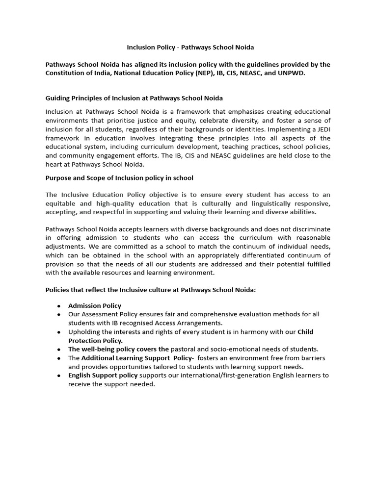 Inclusion Policy PSN - Revised | PDF | Inclusion (Education) | Teachers
