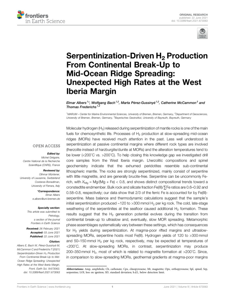 Serpentinization Driven h2 Production From Continental Break 2k9tulcl2u ...