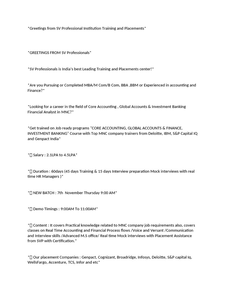 Greetings From SV Professional Institution Training and | PDF