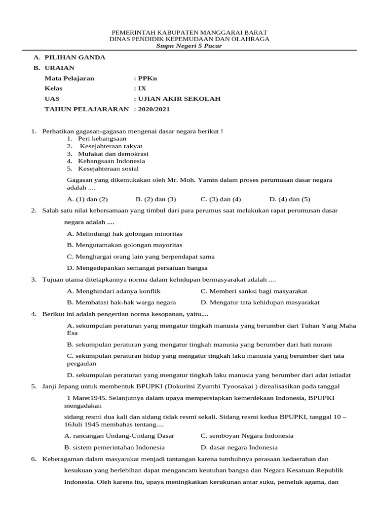 Contoh Dokumen Ujian PPKn Kelas IX | PDF