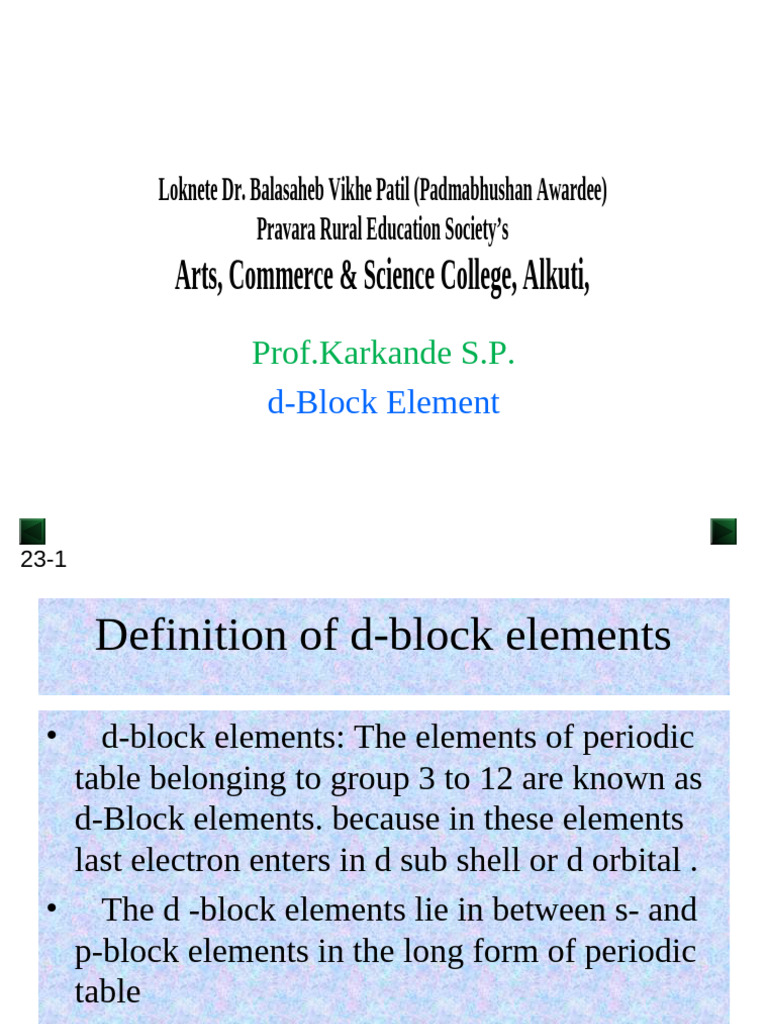 D Block Elements | PDF | Transition Metals | Ionic Bonding