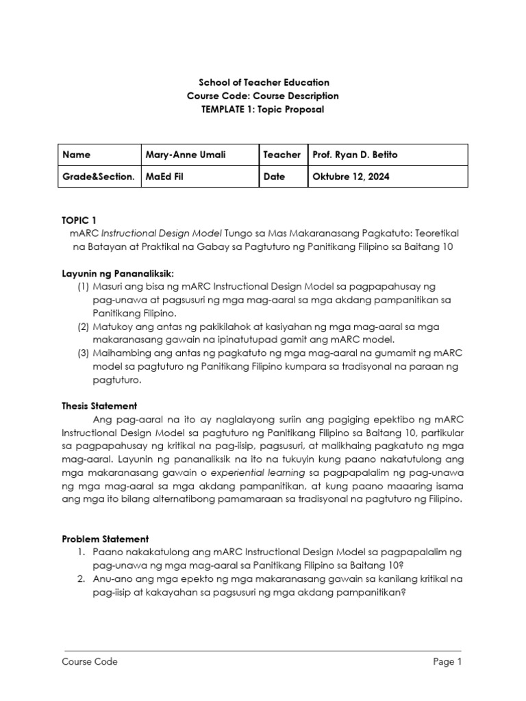 Umali - Template 1 - Topic Proposal | PDF