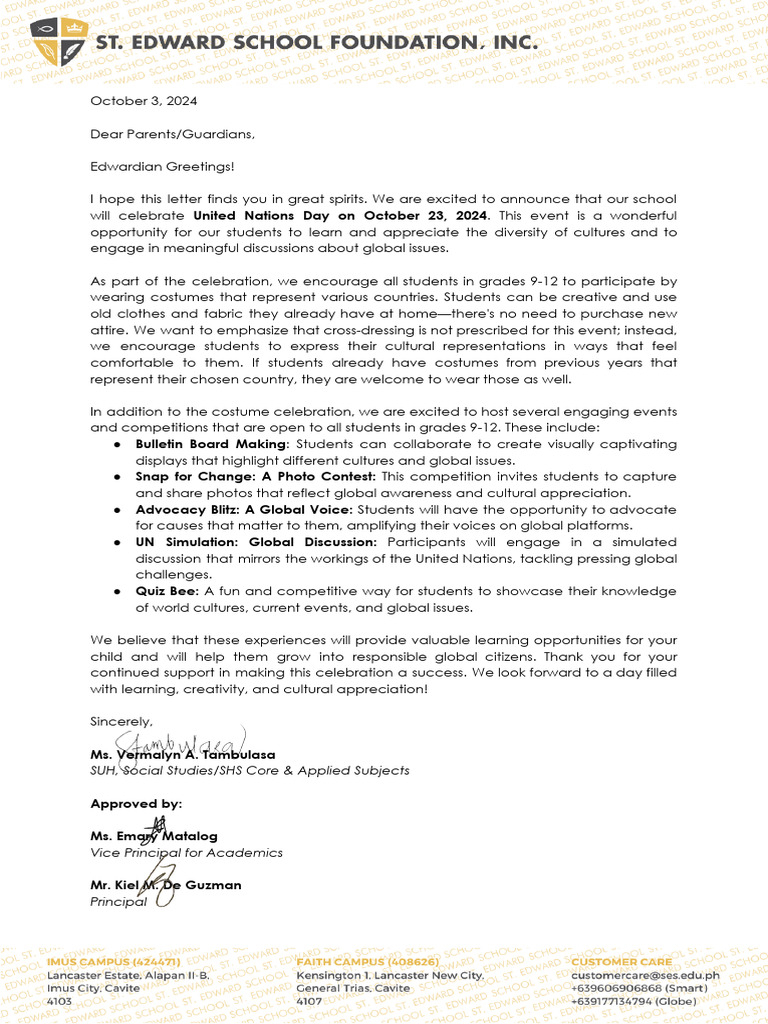 United Nations Day - Letter To Parents | PDF