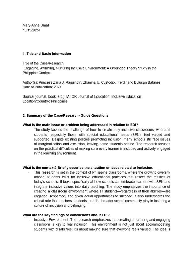 Mary-ANNE UMALI - Case Analysis | PDF | Inclusion (Education) | Teachers