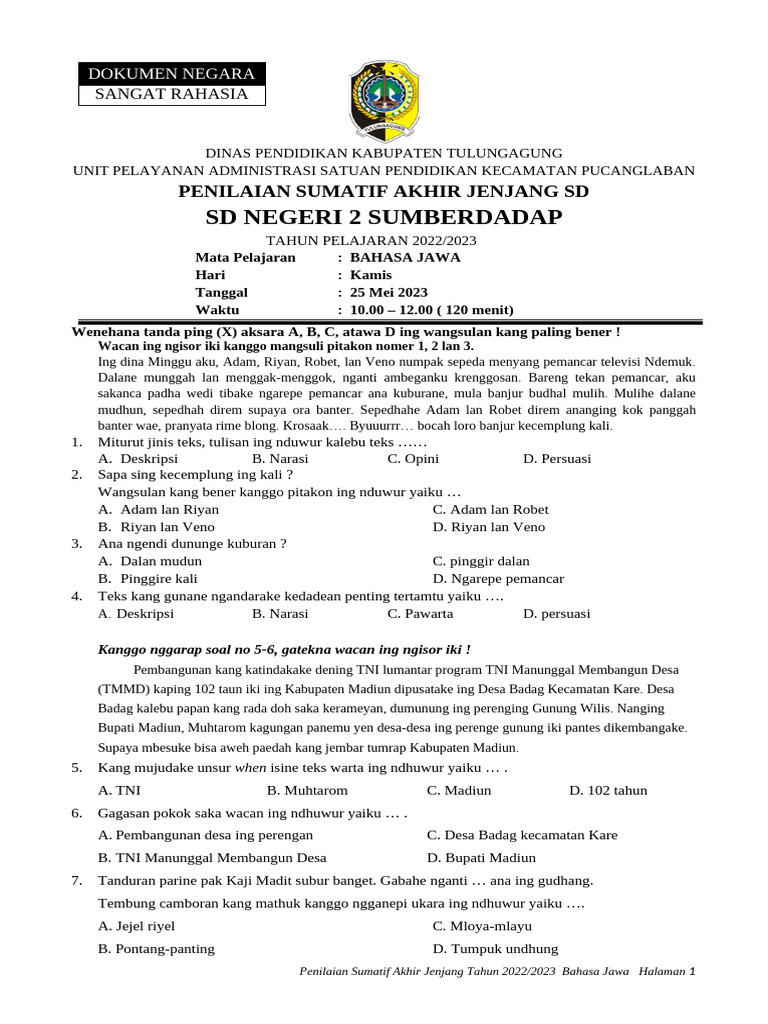 Soal Psaj Bahasa Jawa 2023 | PDF