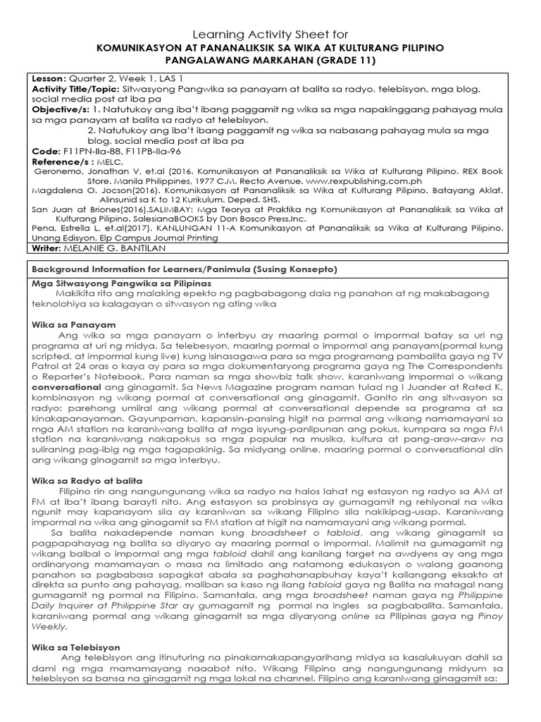 KOMUNIKASYON Quarter-2 Week-1 LAS-1 | PDF