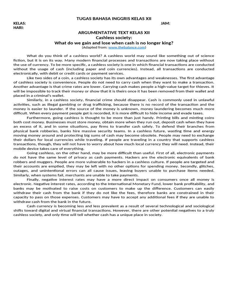 Tugas Argumentative Text | PDF | Cash | Money