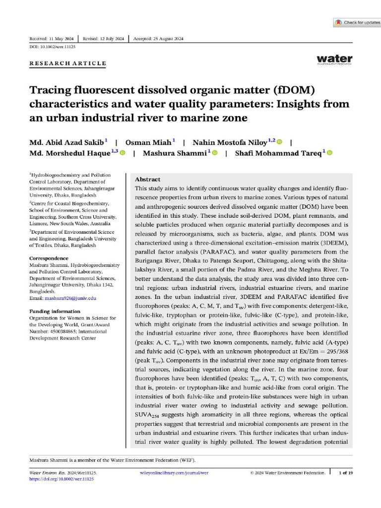 Tracing Fluorescent Dissolved Organic Matter (FDOM) and Water Quality Parameters | PDF