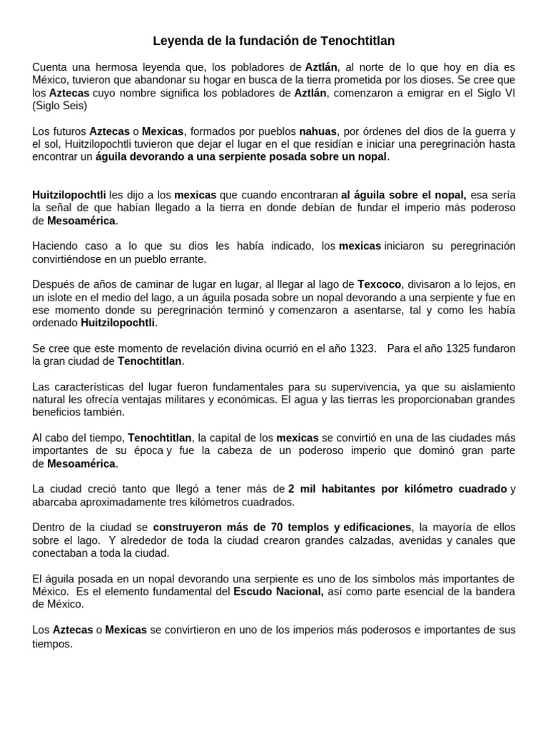 Leyenda de La Fundación de Tenochtitlan | PDF | Cultura de las Americas | azteca