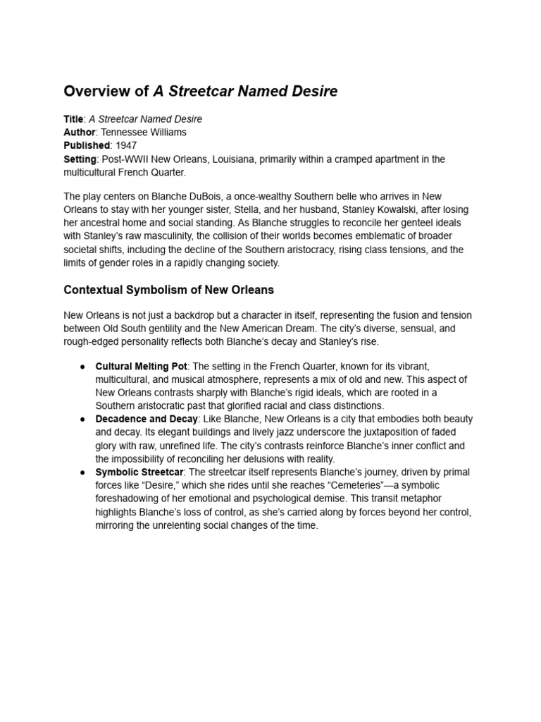 Year 12 - Overview of A Streetcar Named Desire | PDF