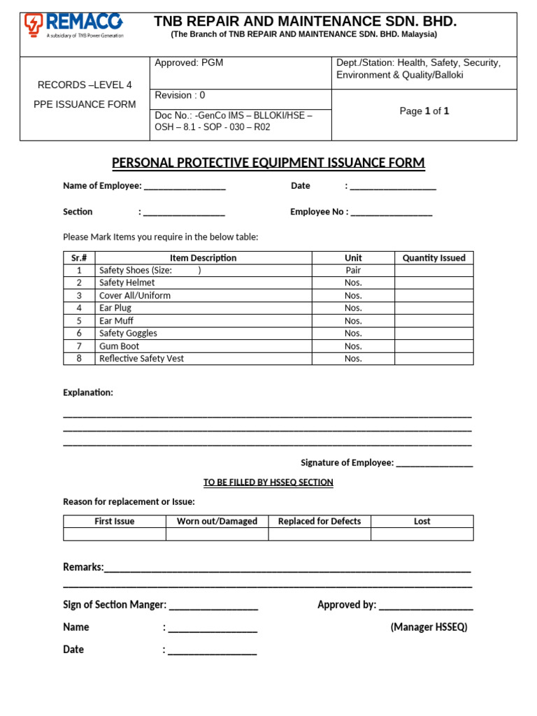 Personal Protective Equipment Issuance Form | PDF | Personal Protective ...