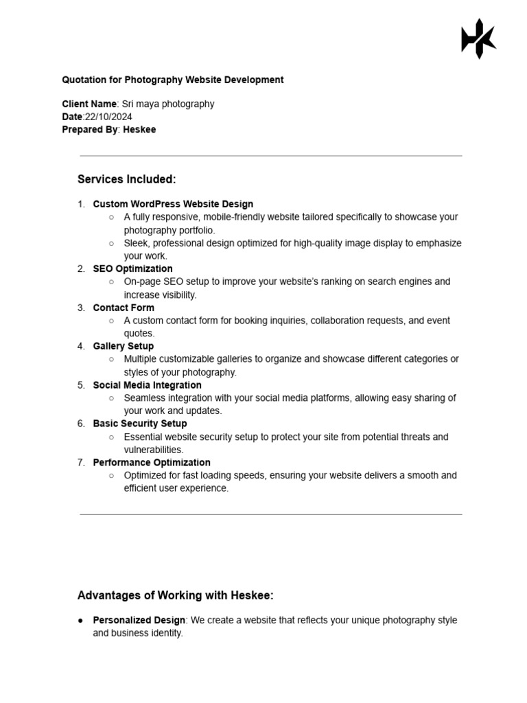 Quotation For Photography Website Development 1 Pdf Career And Growth