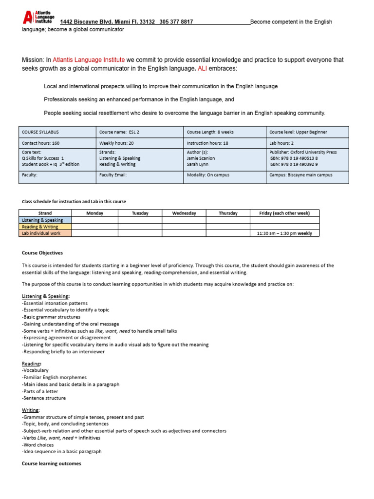 Syllabus ESL 2 2022 | PDF | Reading Comprehension | English Language