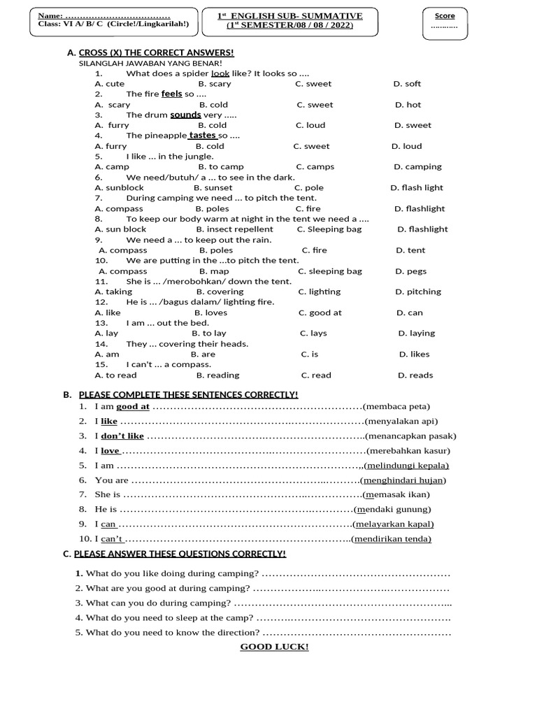 1st English Sub Sum Pearson 22 (Class 6) | PDF | Tent | Camping