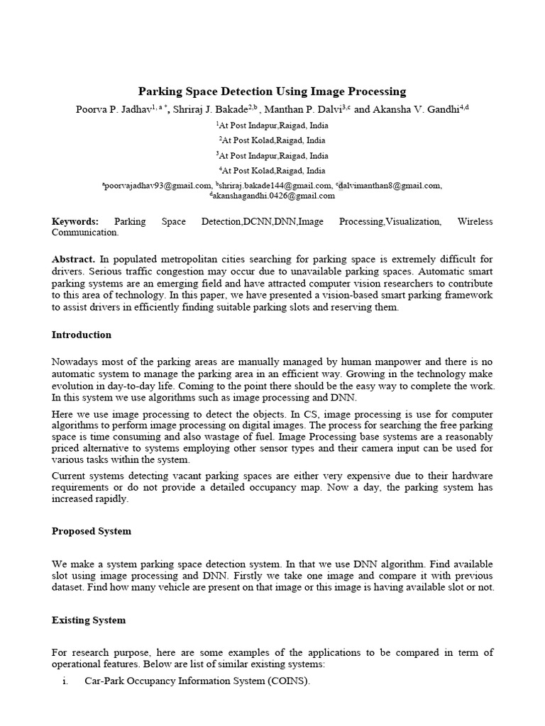 Parking Space Detection Using Image Processing - Poorva Jadhav | PDF | Verification And ...