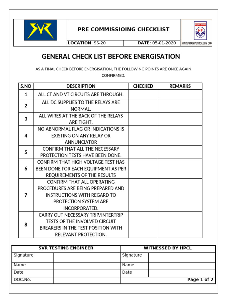 General Check List Before Energisation | PDF | Transformer | Power ...