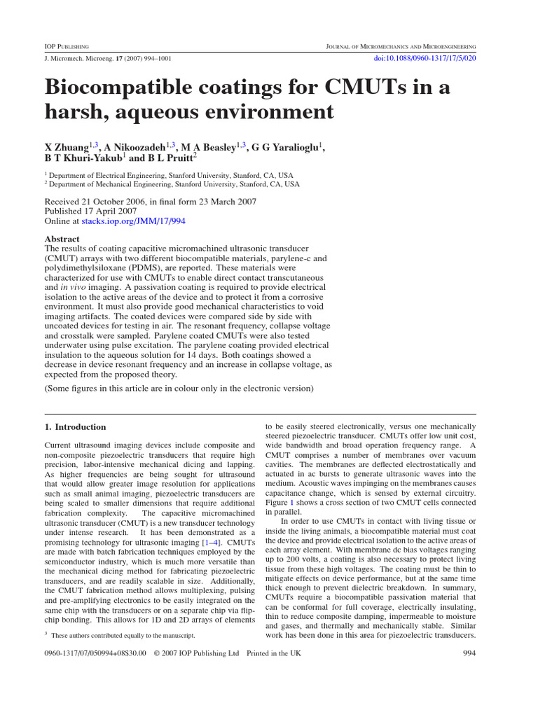 Biocompatible Coatings For Cmuts in A Harsh, Aqueous Environment | PDF ...
