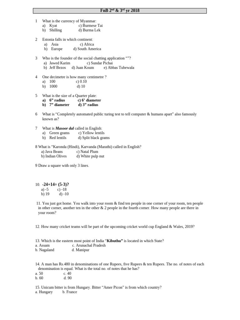 Entrance Quiz Contest 2018 | PDF | Foods