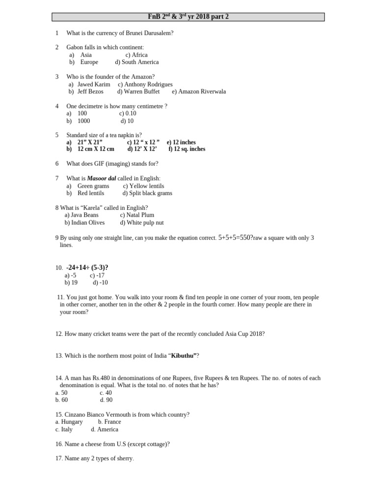 Entrance Quiz Contest 2018 Part 2 | PDF | Foods