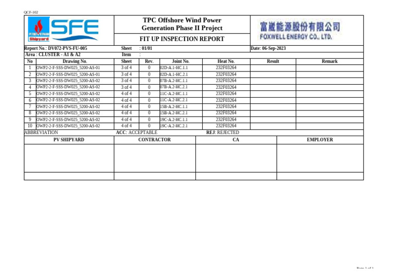 QCF-102 - Fit-Upl Inspection Report-005 | PDF