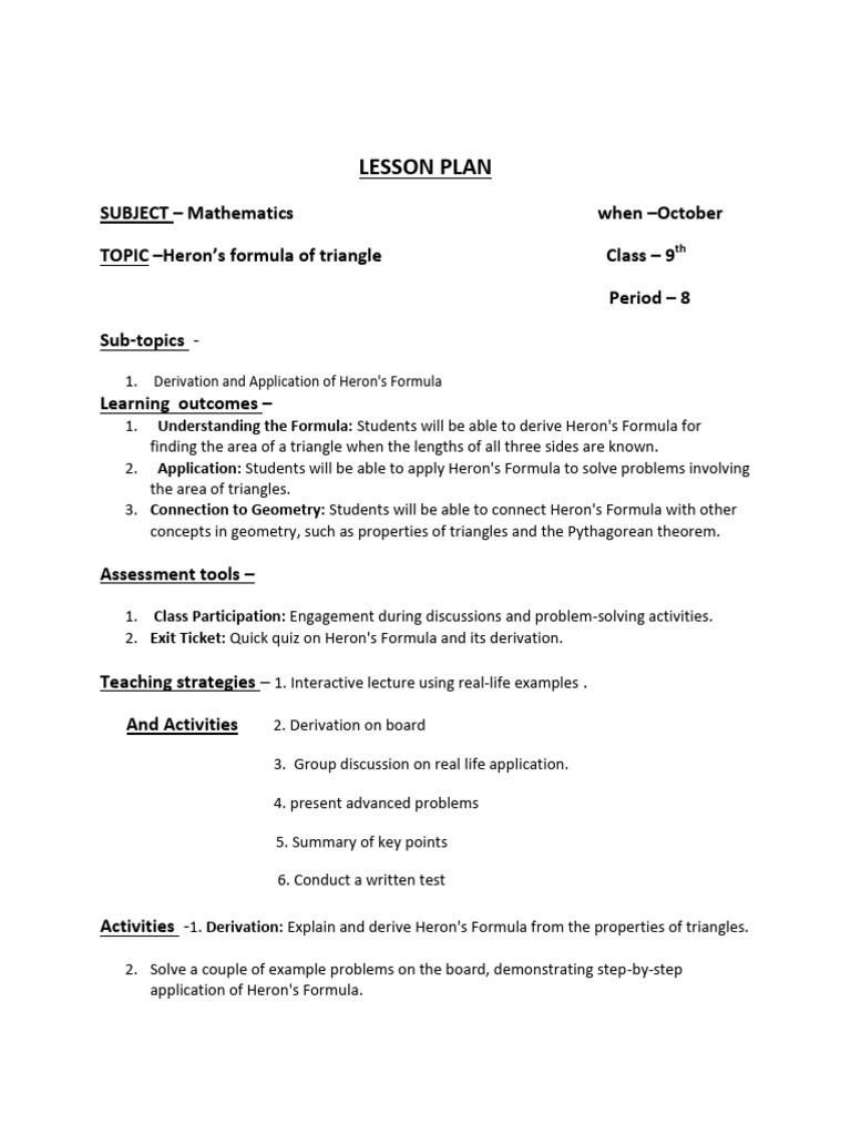 Heron's Formula Lesson Plan for Class 9 | PDF