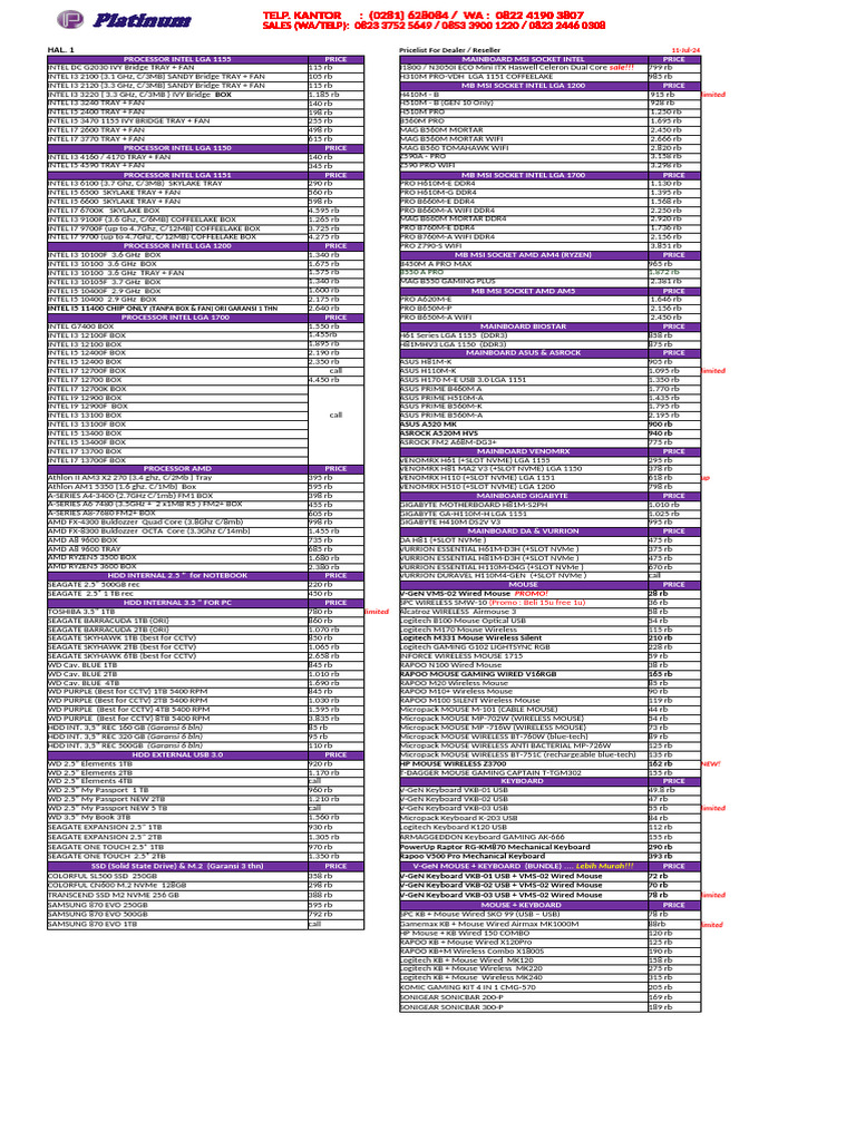 Pricelist Platinum 15 Juli 2024 | PDF | Computer Hardware | X86 Architecture