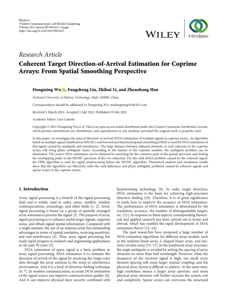 Research Article: Coherent Target Direction-of-Arrival Estimation For Coprime Arrays: From ...