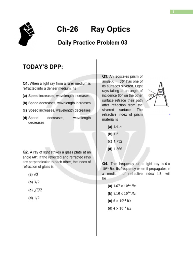 Ray Optics DPP 03 (Of Lect 04) - YCH26DPP03 | PDF | Refraction | Refractive Index