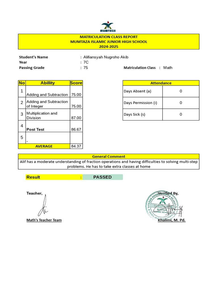 Alifiansyah Nugroho Akib Matriculation Report 2024-2025 | PDF