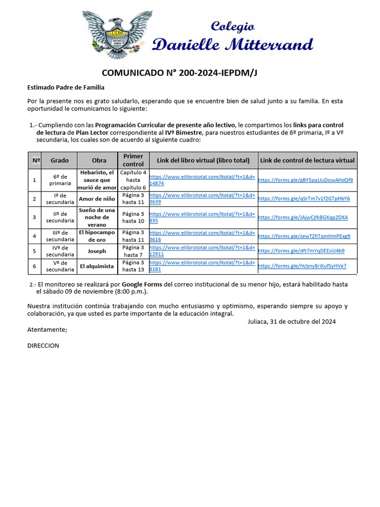 COMUNICADO No 2002024 LINKS PARA CONTROL DE LECTURAS DE PLAN LECTOR 6o PRIMARIA Io A Vo ...