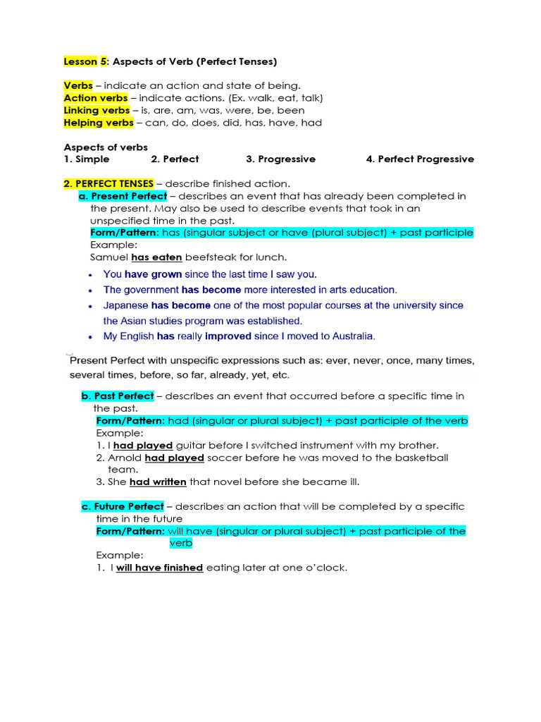 Lesson 2 - Aspect of Verb Perfect Tense | PDF | Language Arts & Discipline