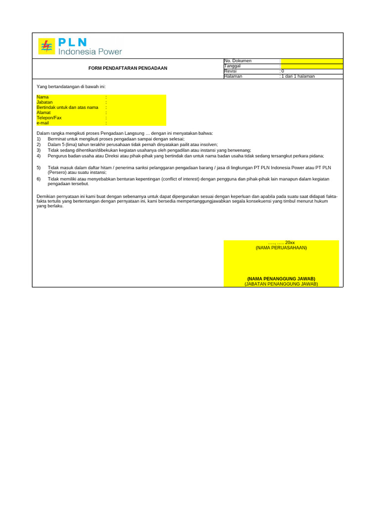 Form Pendaftaran PT PLN IP | PDF