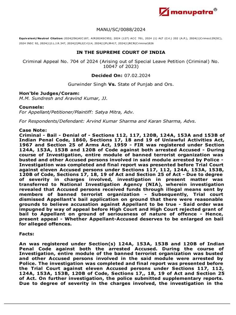 Gurwinder Singh Vs State of Punjab and Ors 0702202SC2024090224162559394COM861441 | PDF | Bail ...