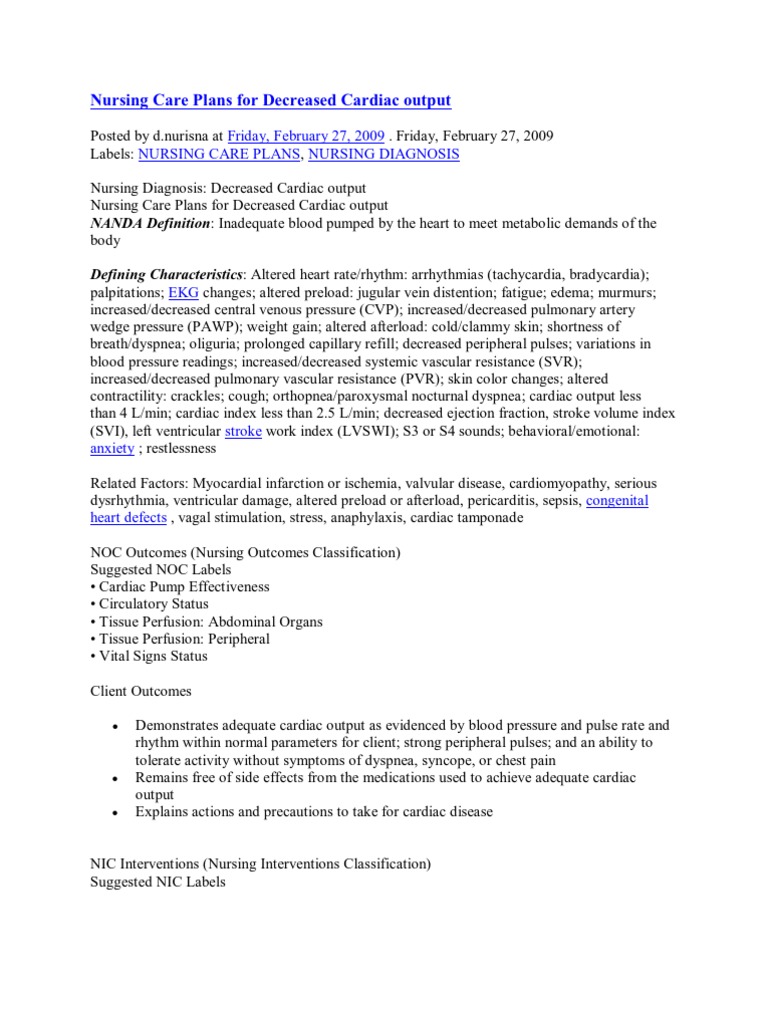 Nursing Care Plans For Decreased Cardiac Output | PDF | Heart ...