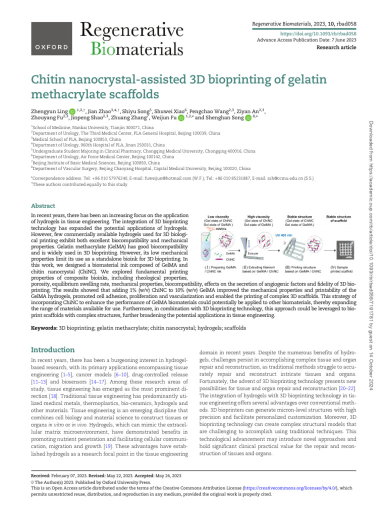 Chitin Nanocrystal-Assisted 3D Bioprinting of Gelatin Methacrylate ...