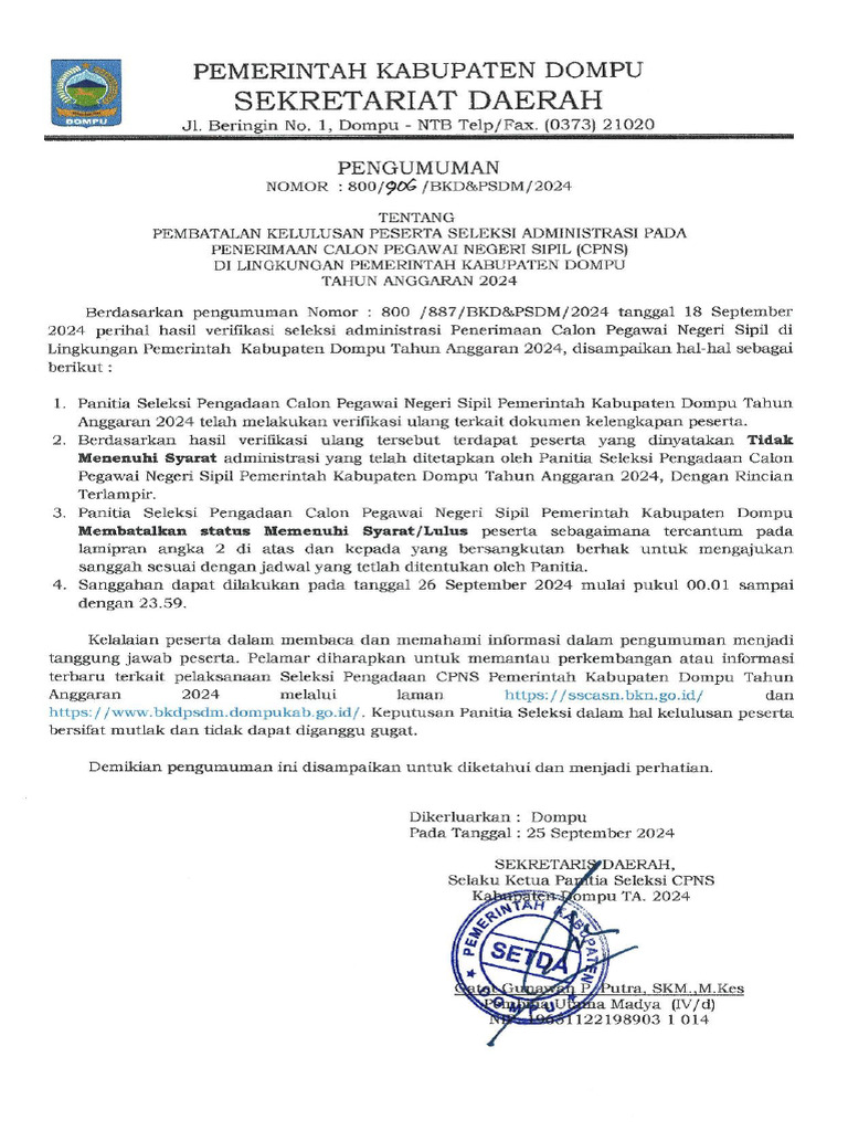 Pengumuman Pembatalan Kelulusan Seleksi Administrasi CPNS Kab. Dompu T.A 2024 | PDF
