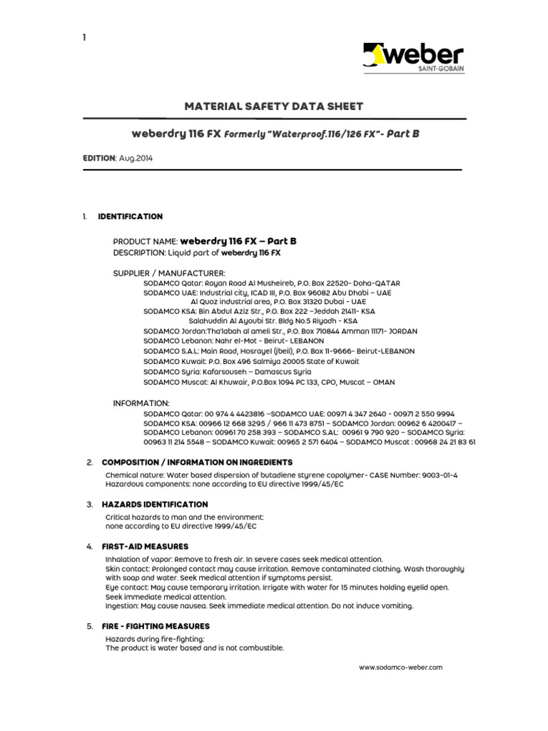Weberdry 116 FX Part B Safety Data Sheet | PDF | Water | Waste