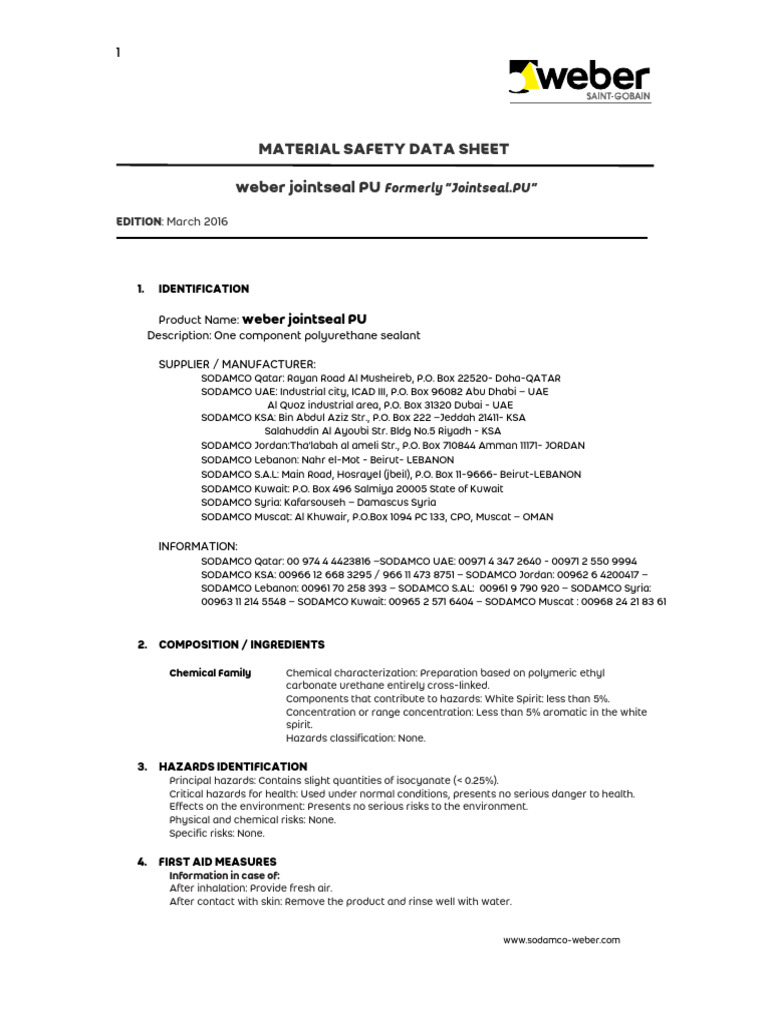 Weber Jointseal PU Safety Data Sheet | PDF | United Arab Emirates ...