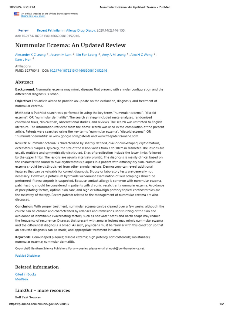 Nummular Eczema - An Updated Review - PubMed | PDF | Dermatitis | Psoriasis