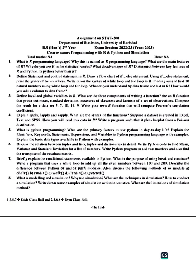 Assignment On 208 Odd Roll | PDF