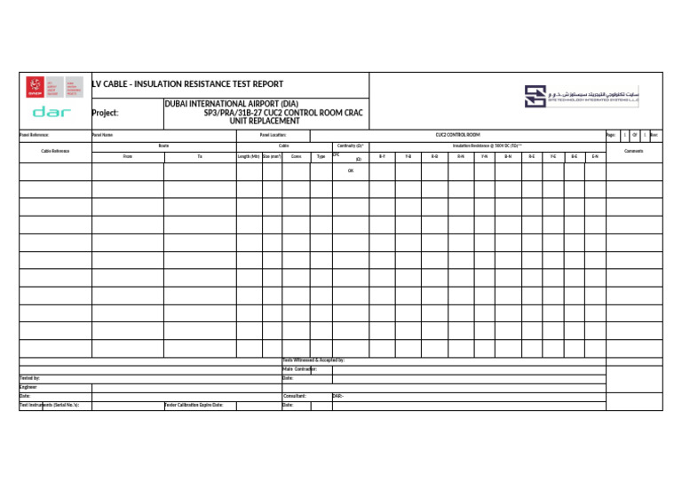 Cable Meggering Test Report | PDF | Electrical Engineering | Electricity