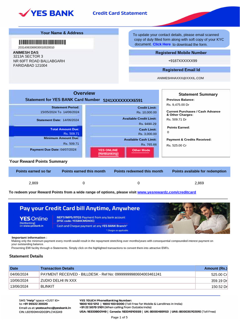 YES BANK Credit Card Statement Summary | PDF | Credit Card | Banks