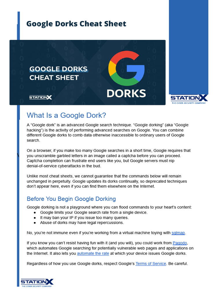 Google Dorks Cheat Sheet | PDF | Quotation Mark | File Format