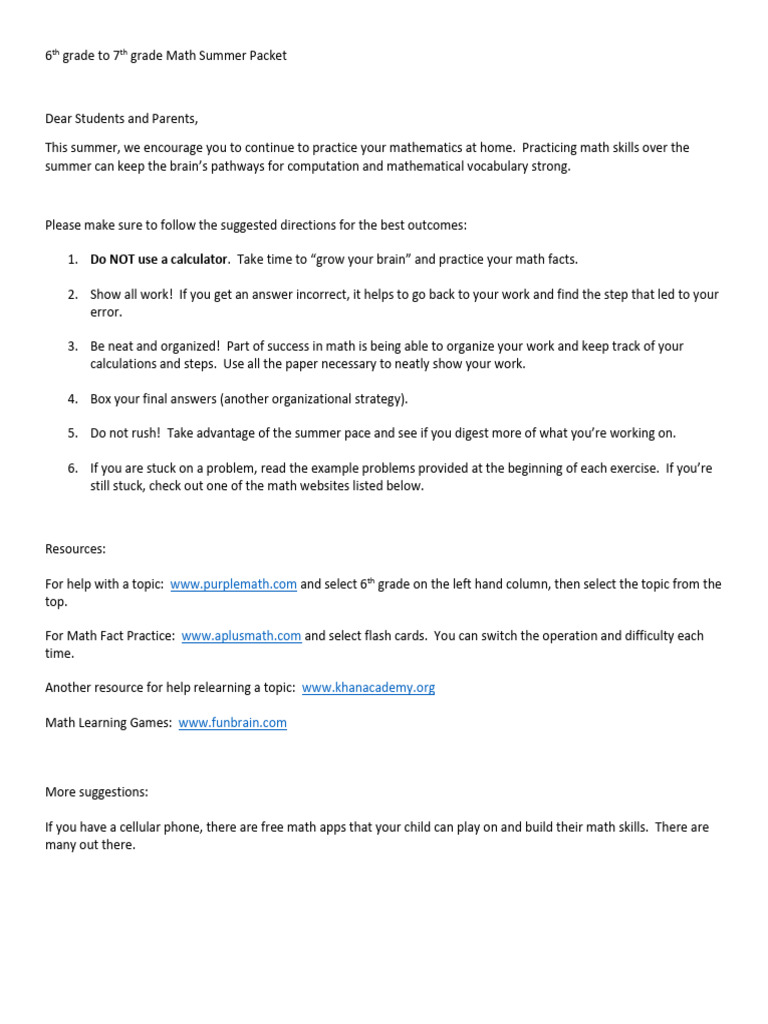 2021 Summer Math Packet 6th To 7th | PDF | Area | Mathematical Objects