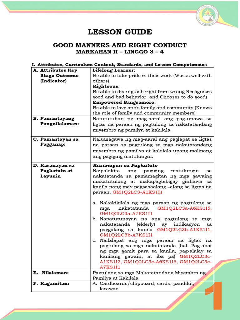 Lesson Guide: Good Manners and Right Conduct | PDF