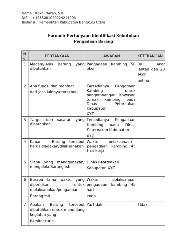Formulir Pertanyaan Identifikasi Kebutuhan | PDF